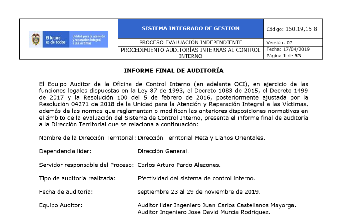 Informe final auditoria DT Meta y Llanos Orientales | Unidad para las Víctimas